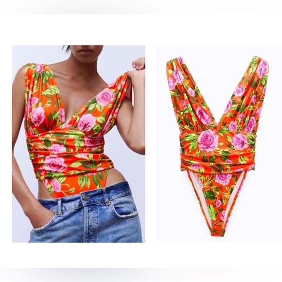 Zara | Tops | Zara Red Roses Draped Bodysuit | Poshmark